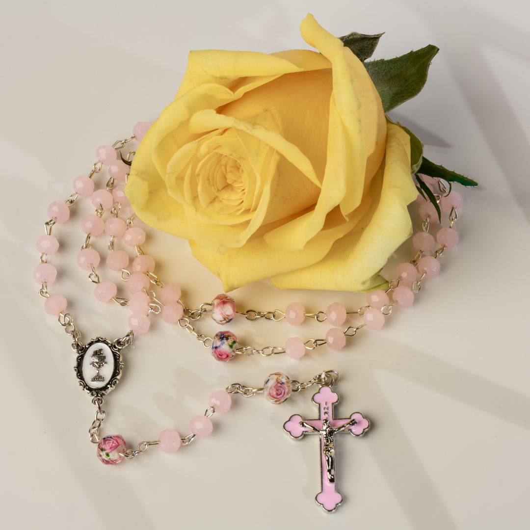 Pink First Communion Rosary with Chalice Center — The Roman Catholic Store